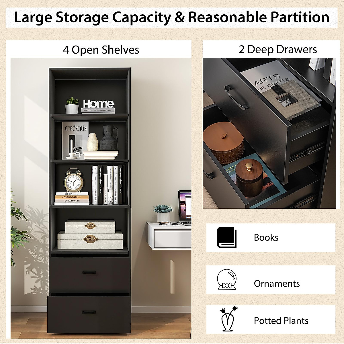 IFANNY 74" Tall Bookcase, Freestanding Open Bookshelf w/ 4 Open Shelves & 2 Drawers, Modern Display Shelf with Anti-Toppling Device, Wooden Book Shelf for Bedroom, Study, Living Room, Office