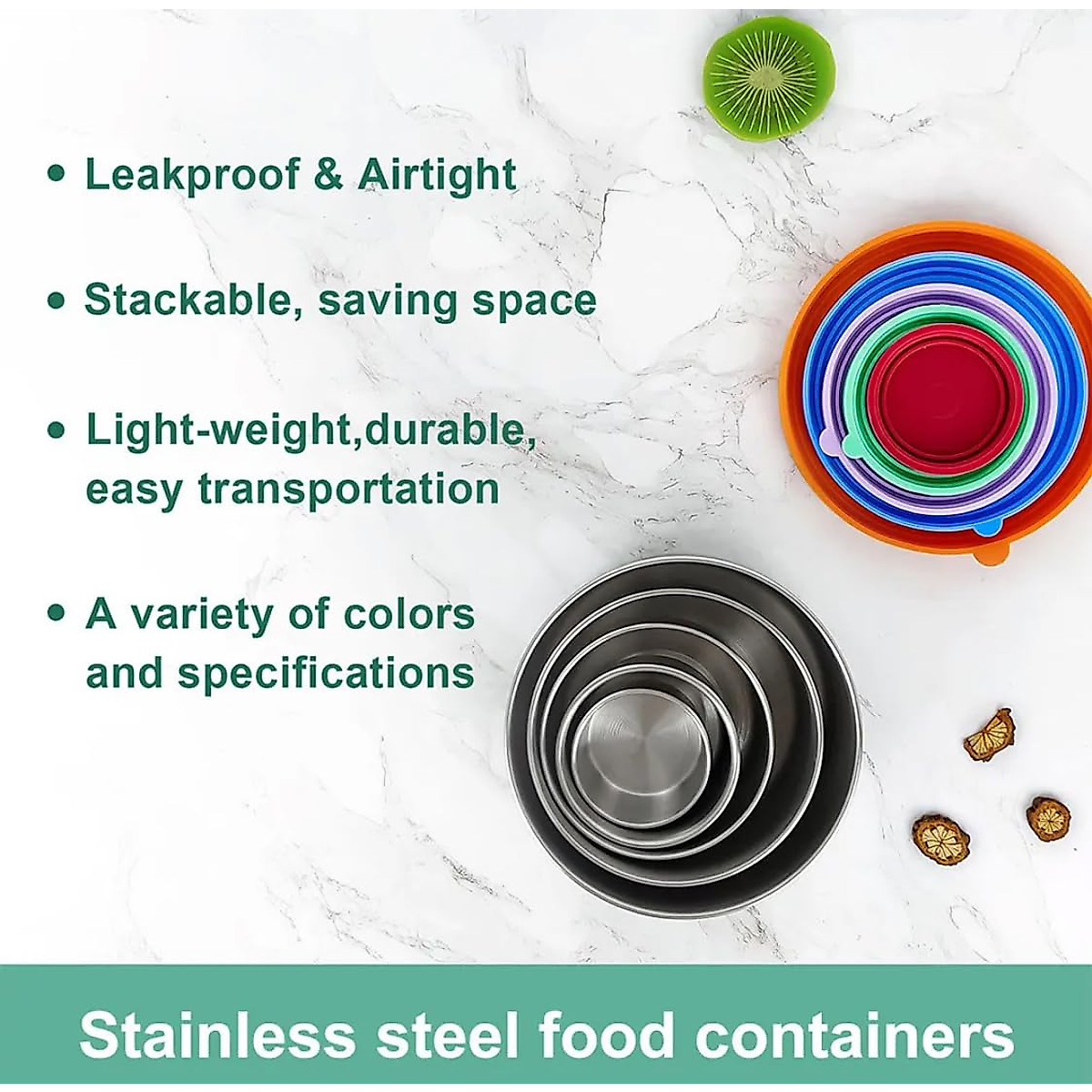 stainless steal containers with silicone lids, metal food containers with lids, stackable stainless steel food containers, lunch conteiners, food containers, food storage, containers, storage,