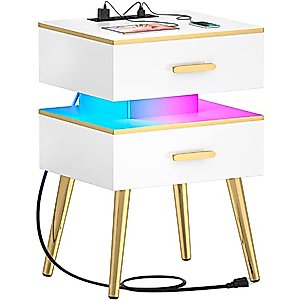 Cyclysio 28.5'' White Nightstand with Charging Station, Tall Bedside Tables with Led Lights, Bed Side Table Night Stand with Drawers for Bedroom and Sofa Side, Bright White Finishing