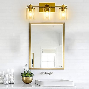 Eatich Bathroom Light Fixtures, 3-Light Brushed Gold Bathroom Vanity Light, Brass Vanity Lights for Bathroom with Clear Glass Shade, Modern Vintage Bathroom Lights Over Mirror