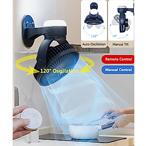 HonHey Portable Wall Mount Fan, 4000 mAh Oscillating Battery Operated Fan with Remote and LED Light, 3 Speeds, 4-10 Working Hours Timer Function, 7 Inch Outdoor Ceiling Fan for Garage Bedroom Gym RV