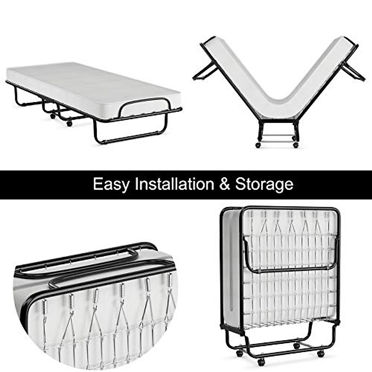 GOFLAME Folding Bed with Memory Foam Mattress, Portable Bed Cot Size with Metal Frame and Wheels for Kids and Adults, Rollaway Guest Bed for Home and Office, Made in Italy