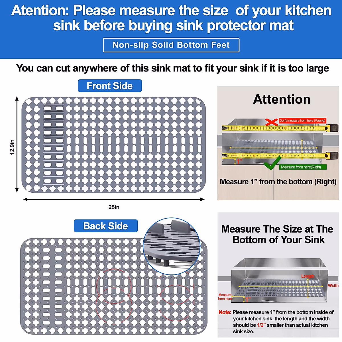 ARLBA Upgraded Silicone Kitchen Sink Mat 25"x13"，Sink Protectors for Kitchen Sink with Rear Drain/Center Drain,Sink Bottom Grid Protection Sink Rack For Farmhouse Stainless Steel/Porcelain Sink