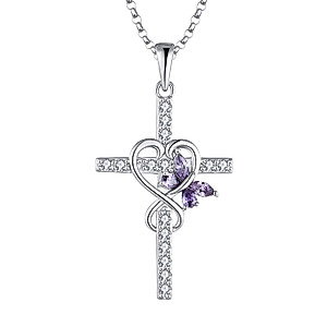 JO WISDOM Butterfly Cross Necklace 925 Sterling Silver Infinity Heart Cross Pendant Necklace for Women with 5A Cubic Zirconia February Birthstone Amethyst Color