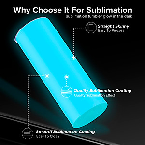 FASTSUB 6 Pack Sublimation Tumblers 20 oz Blank Bulk Luminous Cups Glow in the Dark Straight Stainless Steel Double Wall Vacuum Insulated with Lids and Straws for Tumbler Heat Press Glow Blue