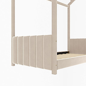 Harper & Bright Designs Twin House Bed for Kids, Montessori Floor Bed Twin Platform Bed with Headboard and Footboard, Velvet Twin Bed with Roof for Girls Boys, No Box Spring Needed (Velvet Beige)