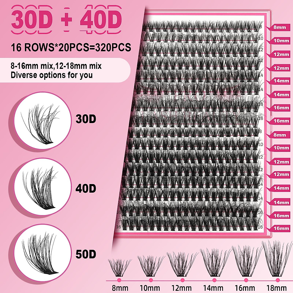 Lash CIusters 320Pcs Individual Lashes 3D Fluffy Cluster Lashes Natural Look Eyelash Clusters Faux Mink Wispy Lashes 30D+40D-D Mixed DIY Lash Extension (3D Fluffy-30D+40D-D,8-16mix)