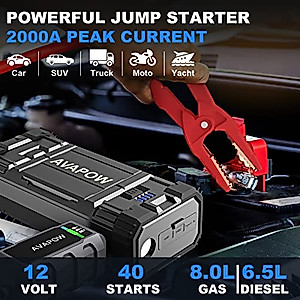 AVAPOW Jump Starter 2000A Peak Portable Battery Jump Starter for Car with Dual USB Quick Charge 3.0(Up to 8.0L Gas or 6.5L Diesel),12V Jump Box,Compact Lithium Car Power Pack