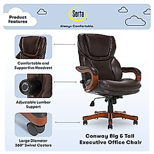 Serta Big and Tall Executive Office Chair with Wood Accents Adjustable High Back Ergonomic Lumbar Support, Bonded Leather, 30.5D x 27.25W x 43.5H in, Brown