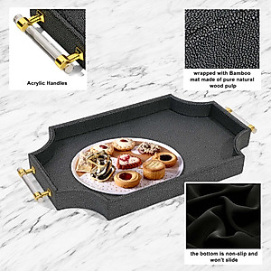 Black Shagreen Decorative Tray, Large Acrylic Handles Serving Tray, Scallop Edges Serving Table Tray, Valet Tray, Modern Elegant Ottoman Tray for Coffee Table, Bathroom, Kitchen, Living Room