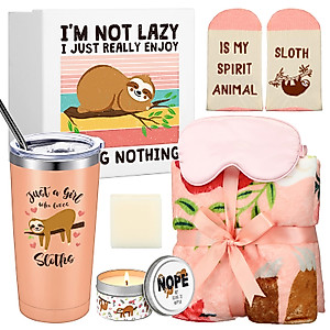 Ziliny 7 Pcs Sending Sunshine Gift Basket for Women Care Package Birthday Gift Box Sympathy Gift Baskets Thank You Gift Box with Inspirational Candle Blanket for Women Mom Sister Gift (Sloth)