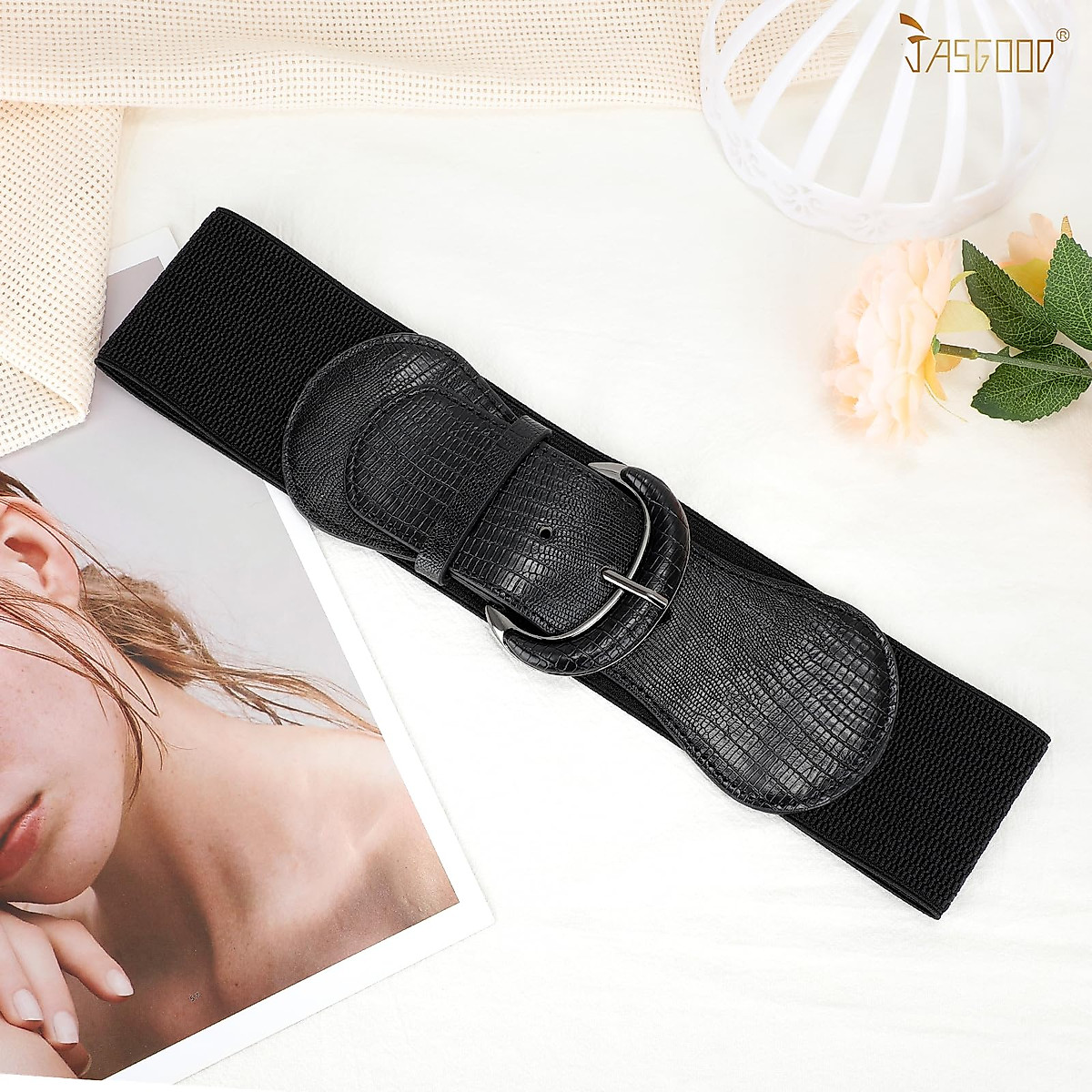 JASGOOD Women Stretchy Wide Waist Belt for Dress Ladies Elastic Belt Hook Buckle (Suit for Size 31-36 Inches,A-Black)