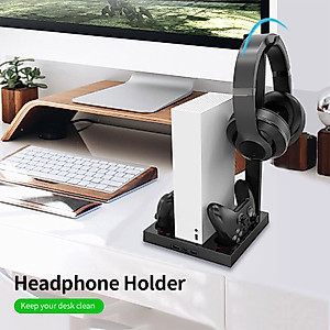 Cooling Fan Stand for Xbox Series S Console with Dual Cooler System, Vertical Charging Station Dual Controller Charger Dock with 2x1400mAh Rechargeable Battery Pack,1 Headset Hanger &4 Type C Adapter