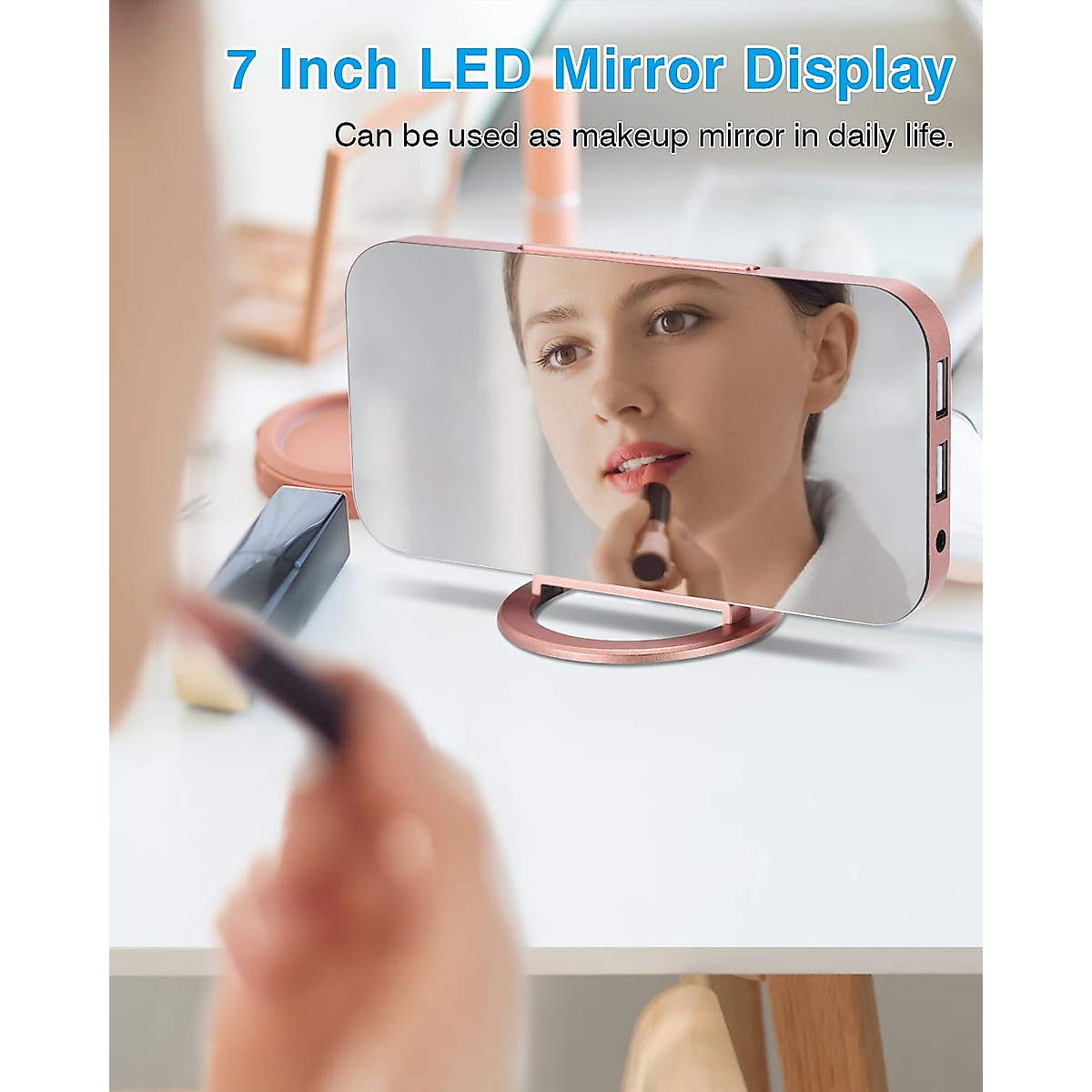 Digital Alarm Clock,7 Inch LED Mirrored Large Display, with Dual USB Charger Ports,Auto Dim,Snooze Function,Modern Desk Wall Electronic Clocks for Bedroom Living Room Office - Rose Gold