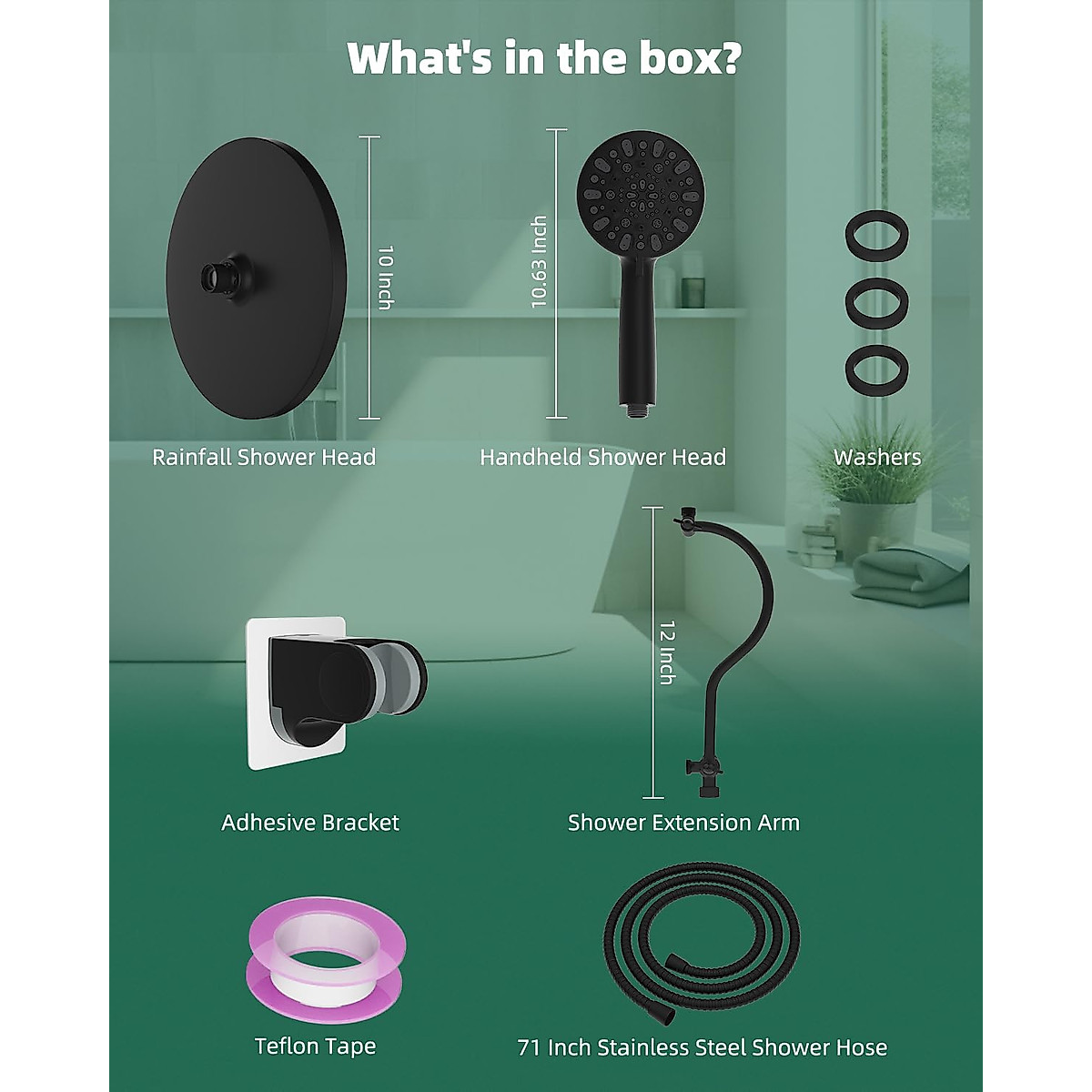 Hibbent 10'' Self-cleaning Rain Shower Head, High Pressure Handheld Shower Head, Showerhead Combo with 12'' Adjustable Curved Shower Extension Arm, 7-Spray, 71'' Hose, Showerhead Holder, Matte Black