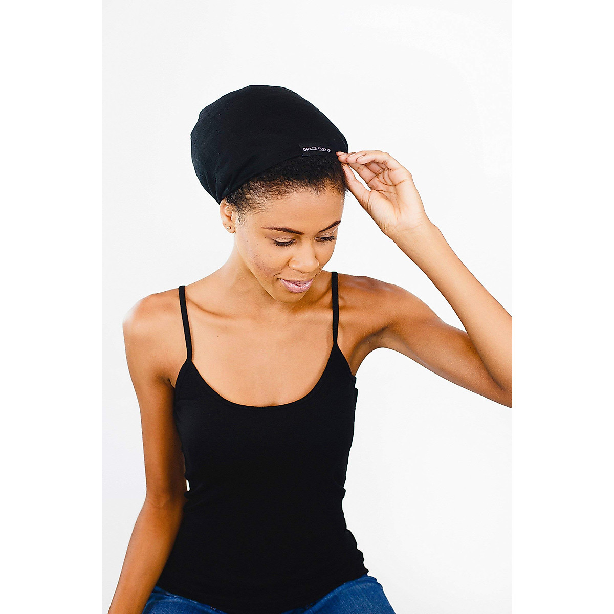 Grace Eleyae Satin Lined Sleep Cap Slap Silky Sleeping Stylish Beanie Hat Premium Quality Head Cover for Curly Hair Women Soft & Smooth, Black