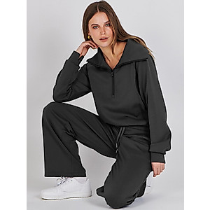 Prinbara Women 2 Piece Outfits Lounge Sets 2024 Winter Oversized Sweatshirt Wide Leg Pant Casual Matching Sweat Set Tracksuit Black Small