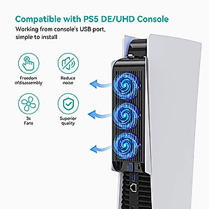 Cooling Accessories for PS5, KIWIHOME Horizontal Cooling Fan for PS5, Upgraded Quiet Cooler Fan with LED Light and USB3.0 Hubs, for PS5 Disc and Digital Edition(White)