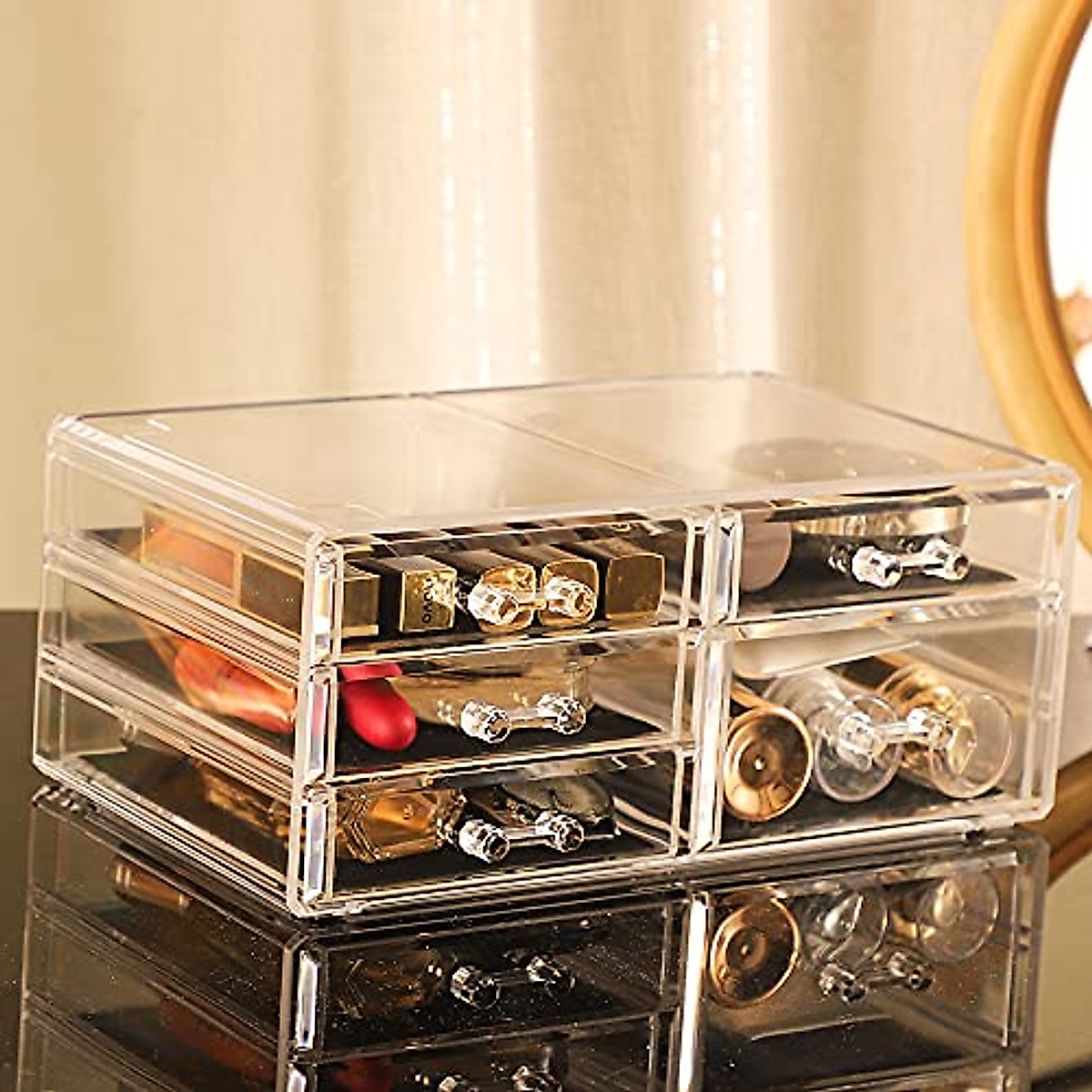 Cq acrylic Cosmetic Display Cases With LId Dustproof Waterproof for Bathroom Countertop Stackable Clear Makeup Organizer and Storage With 7 Drawers,Set of 3