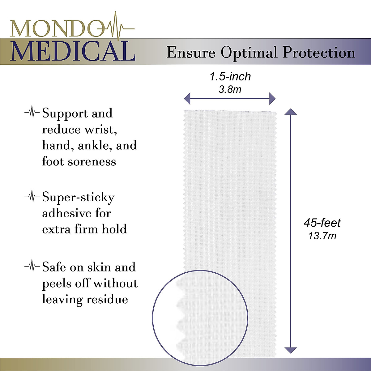 Mondo Medical Kinesiology Tape Uncut 1.5in x 45ft Rolls 3-Pack - White Athletic Tape for Skin Muscle Sports Body Tape