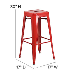 Merrick Lane Newark Series Bar Height Stool - Red Finish - Metal Frame with Cross Bracing - Backless Design - Integrated Footrest