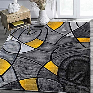 HR Orangish Yellow/Grey/Silver/Black/Abstract Area Rug Modern Contemporary Circles | Bedroom Rug with Wave Design Pattern (5' x 7')
