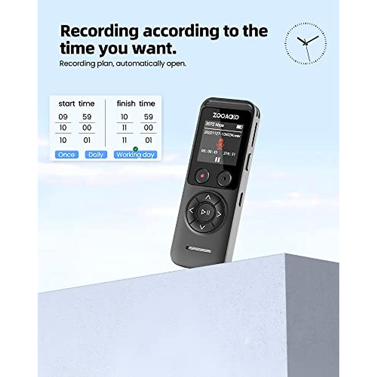 ZOOAOXO 64GB Digital Voice Recorder, Bluetooth Voice Recorder, Dual Microphone, 3072 kbps HD, A-B Repeat, Recording Monitoring, Noise Reduction, Voice Activated Recording