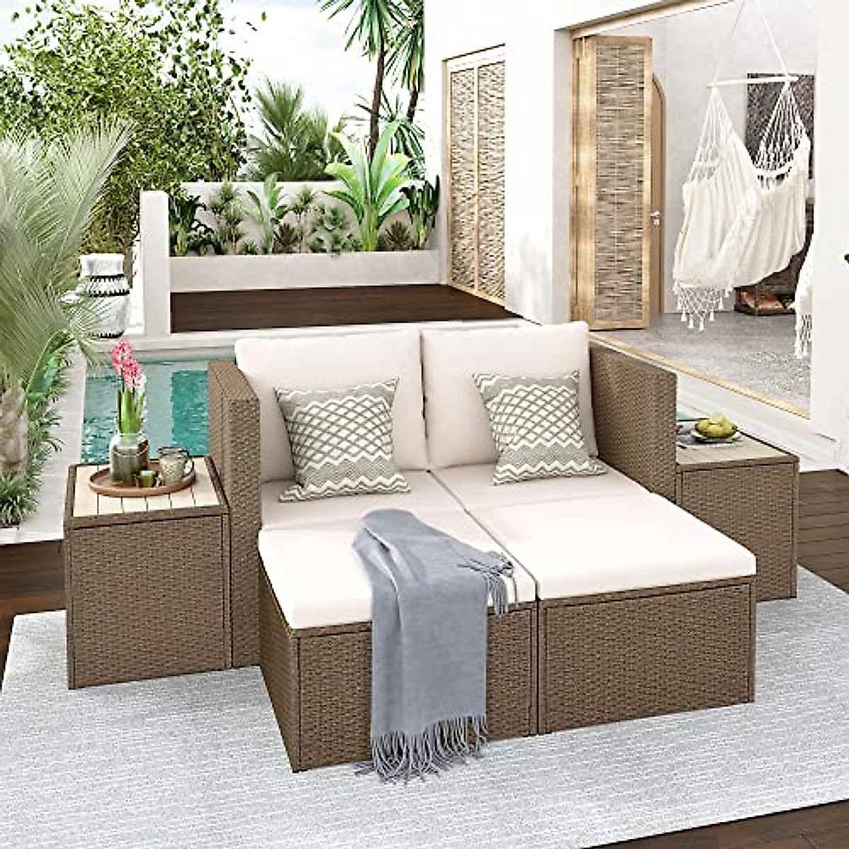 GODAFA 6 Piece Outdoor Patio Furniture Set All-Weather PE Rattan Conversation Sectional Sofa with 2 Tea Tables for Backyard Porch Poolside, Brown Wicker+Beige Cushion