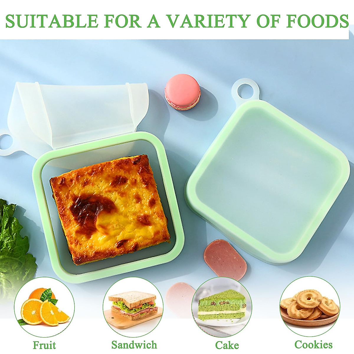 3 Pcs Sandwich Containers, Silicone Sandwich Storage for Lunch Boxes, BPA Free, Leakproof, Reusable Sandwich Holder for Fruit,Salad,Snacks and Food Storage, Microwave Freezer & Dishwasher Safe (Green)