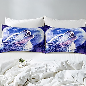Wolf Bed Sheet Set Galaxy Wolves Howling Kids Fitted Sheet Animal Wolves Bedding Set for Boys Room Decor Mountain Moon Wolf Space Outer Sky Bed Cover Twin with 1 Pillow Case