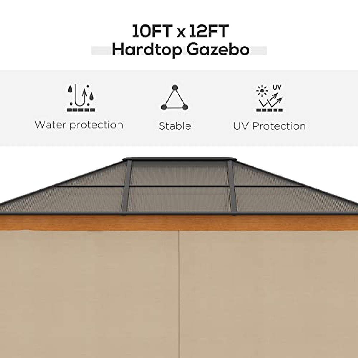 Outsunny 10' x 12' Hardtop Gazebo Canopy with Polycarbonate Roof, Wood Grain Aluminum Frame, Permanent Pavilion Outdoor Gazebo with Netting and Curtains for Patio, Garden, Backyard