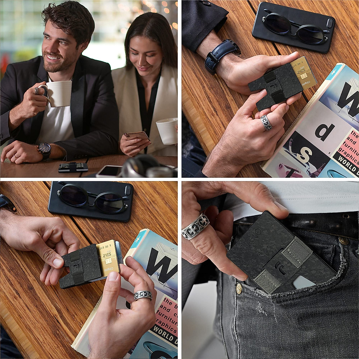 Fidelo Minimalist Wallet For Men - Slim RFID Blocking Mens Wallets Credit Card Holder. 3K Carbon Fiber. Compact Wallet Comes With 4 Cash Bands (Black, Dark Grey, Light Grey & Blue) - Prestige Forged