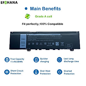 EFOHANA 39DY5 F62G0 Laptop Battery Replacement for Dell Inspiron 13 7373 7386 2-in-1 7370 7000 7380 5370 P83G P91G P83G001 Vostro 13 5370 0F62G0 RPJC3 0RPJC3 039DY5 F62GO 11.4V 38Wh 3166mAh 3-Cells