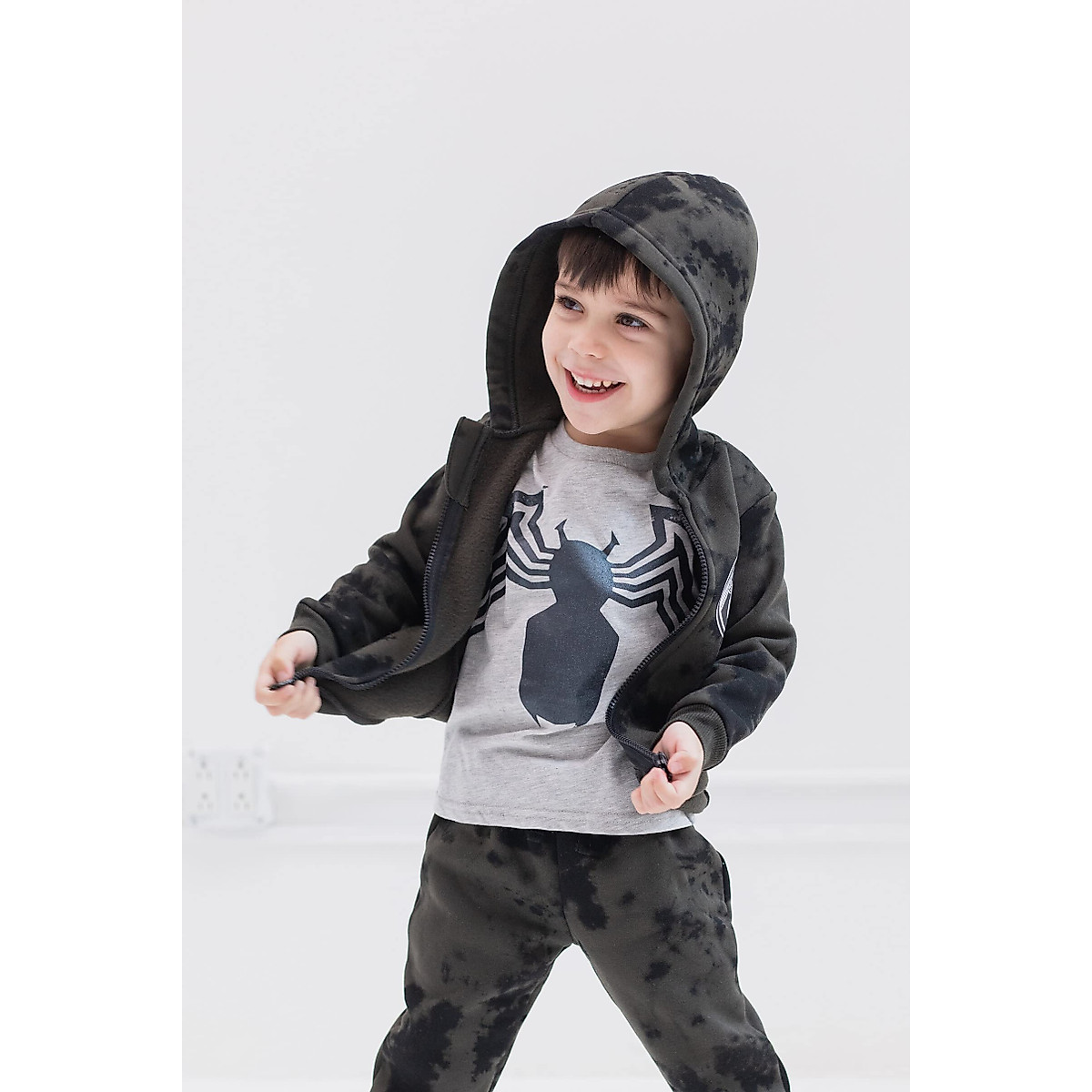 Marvel Spider-Man Big Boys Zip Up Fleece Hoodie T-Shirt and Jogger Pants 3 Piece Outfit Set Tie Dye Gray 10-12