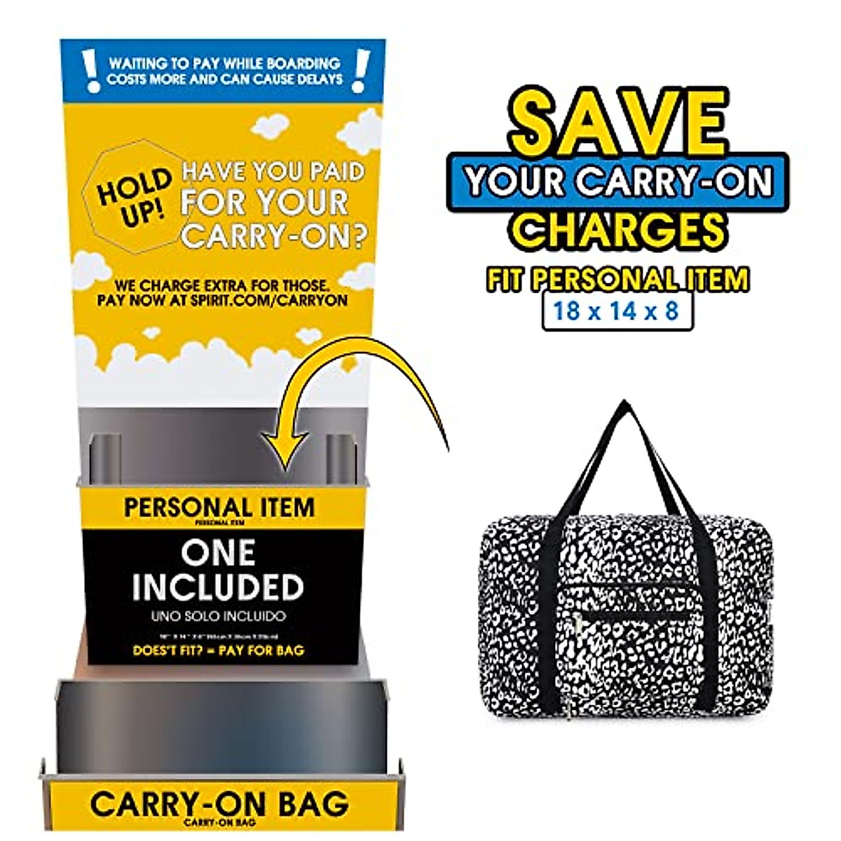 For Spirit Airlines Personal Item Bag 18x14x8 Foldable Travel Duffel Bag Tote Carry on Luggage for Women and Men (Black Leopard)