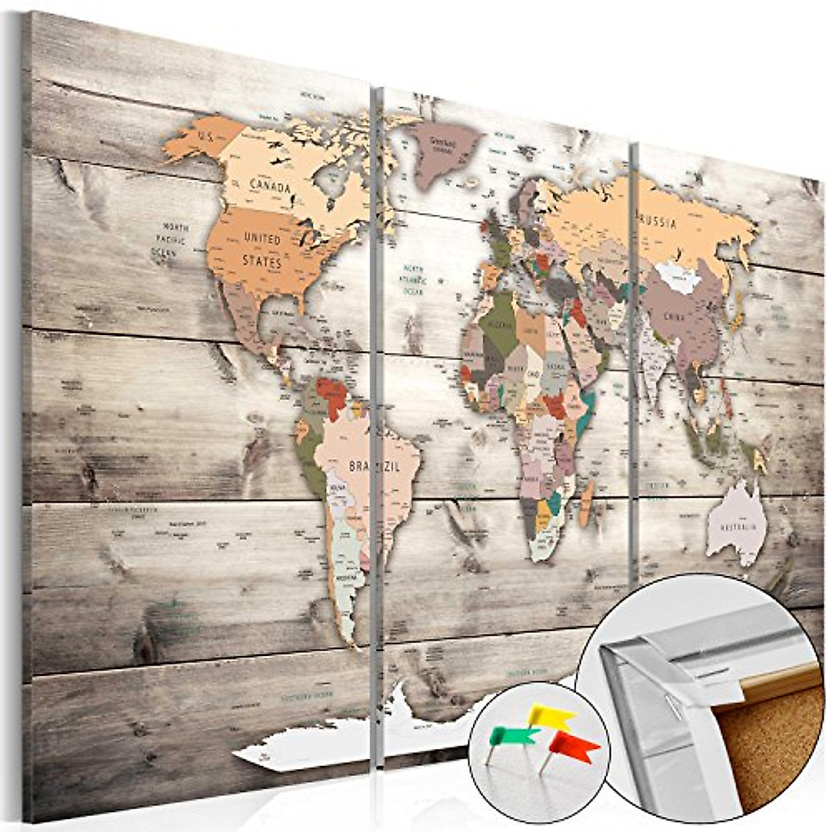 artgeist Pinboard World Map 35x24 in - Cork Board & Canvas Print Wall Art 3 pcs Memoboard with 50 Pins Noticeboard Message Board Image Picture Home Decor Travel Map Map of The World k-C-0035-p-g