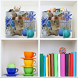 Easter Rabbit Bunny Eggs Storage Basket Blue Flowers Storage Fabric Baskets Organizer Box Bin Large Collapsible Cube Basket with PU Handles for Shelf Closet Nursery Laundry 1 Pack