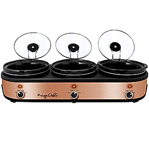 Megachef Triple 2.5 Quart Slow Cooker and Buffet Server in Brushed Copper and Black Finish with 3 Ceramic Cooking Pots and Removable Lid Rests