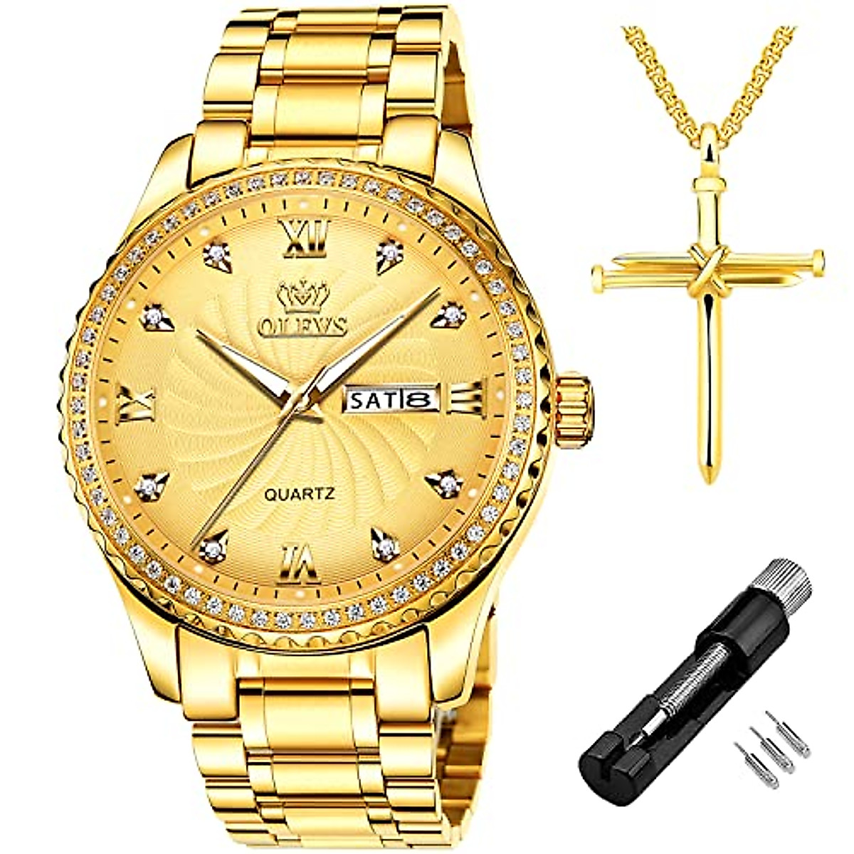 OLEVS Gold Watches for Men Diamond Luxury Wrist Watch Valentines Gifts Set Waterproof Stainless Steel Big Face Luminous Classic Casual Dress Day Date Calendar Analog Quartz Watch for Young Male