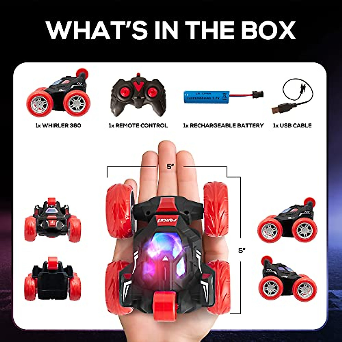 Force1 Whirler 360 Stunt Car Mini RC Car for Kids - Fast Mini Stunt 5 Wheels LEDs 360 Flips Standing Rotating Small RC 2.4 GHZ Rechargeable Remote Control Toy Vehicle for Boys Girls - Red/Black