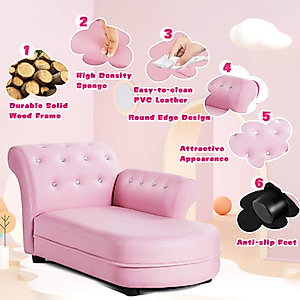 INFANS Kids Sofa, Toddler Couch with PVC Leather & Embedded Crystal, Pink Princess Chaise Lounge Armchair, Toddler Furniture Kids Upholstered Long Lounger for Toddler Baby Girl, Living Room