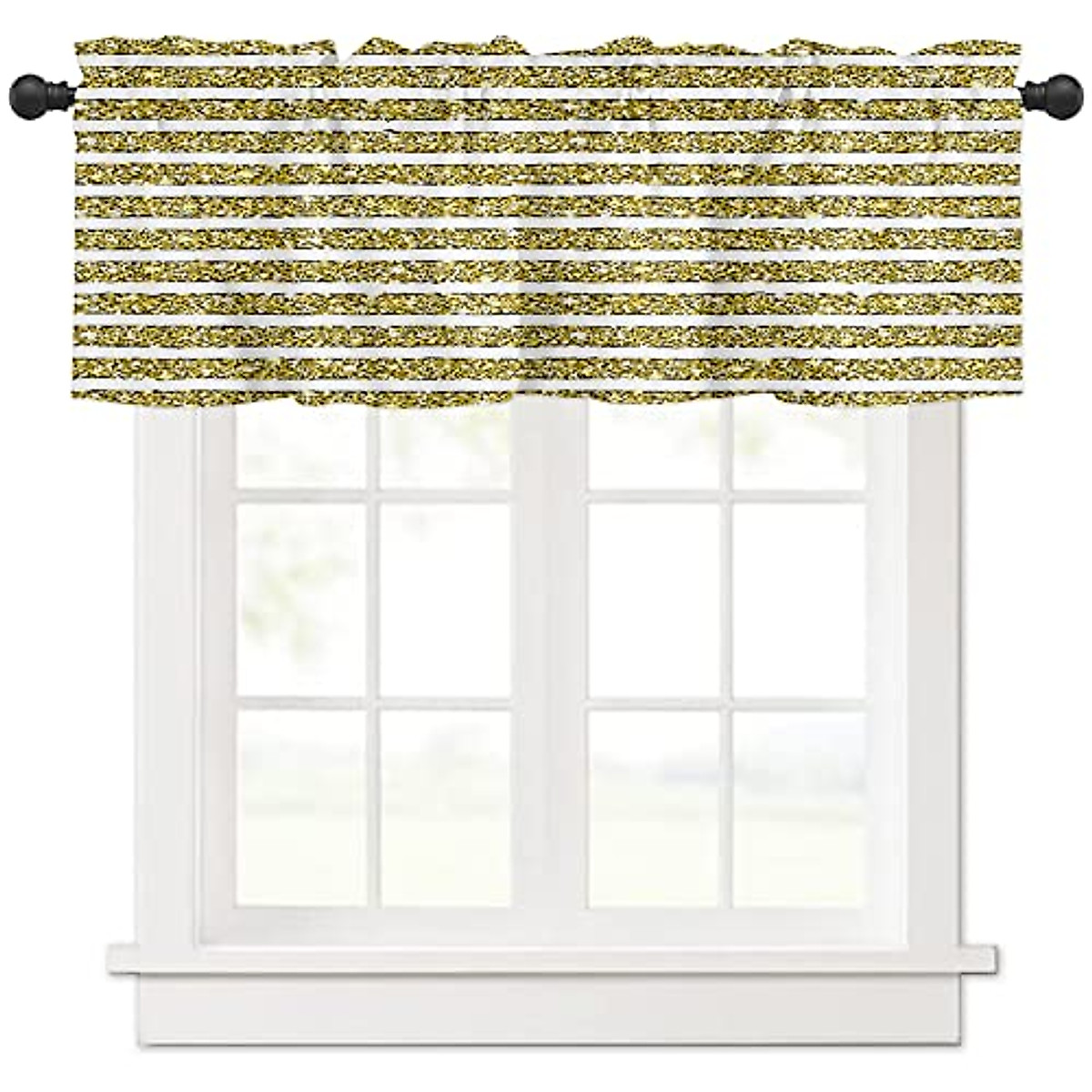 Millxiu Kitchen Curtain Valance 54x18 inch White Gold Stripes Window Valance for Kitchen and Bathroom,Rod Pocket Short Valances Window Treatment