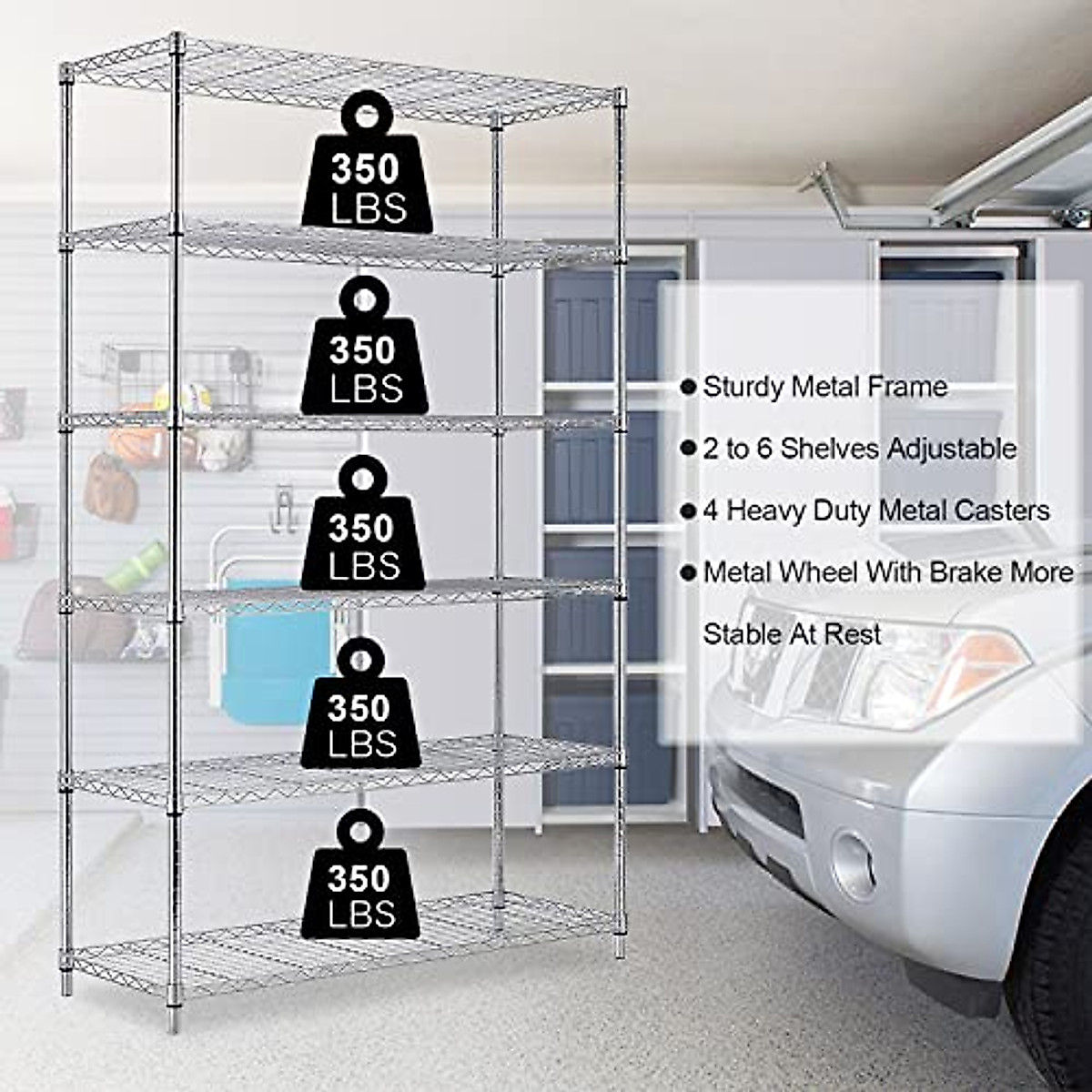 6-Tier Storage Shelf, Wire Shelving Unit NSF Certified Storage Rack 48" W x 18" D x 82" H 2100Lbs Capacity Adjustable Layer Heavy Duty Metal Rack Steel with Casters for Kitchen Garage Pantry Chrome