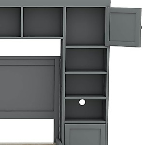 BEBPILOO Full Size Wooden Bed with All-in-One Cabinet and Shelf for Kids,Teens (Gray)