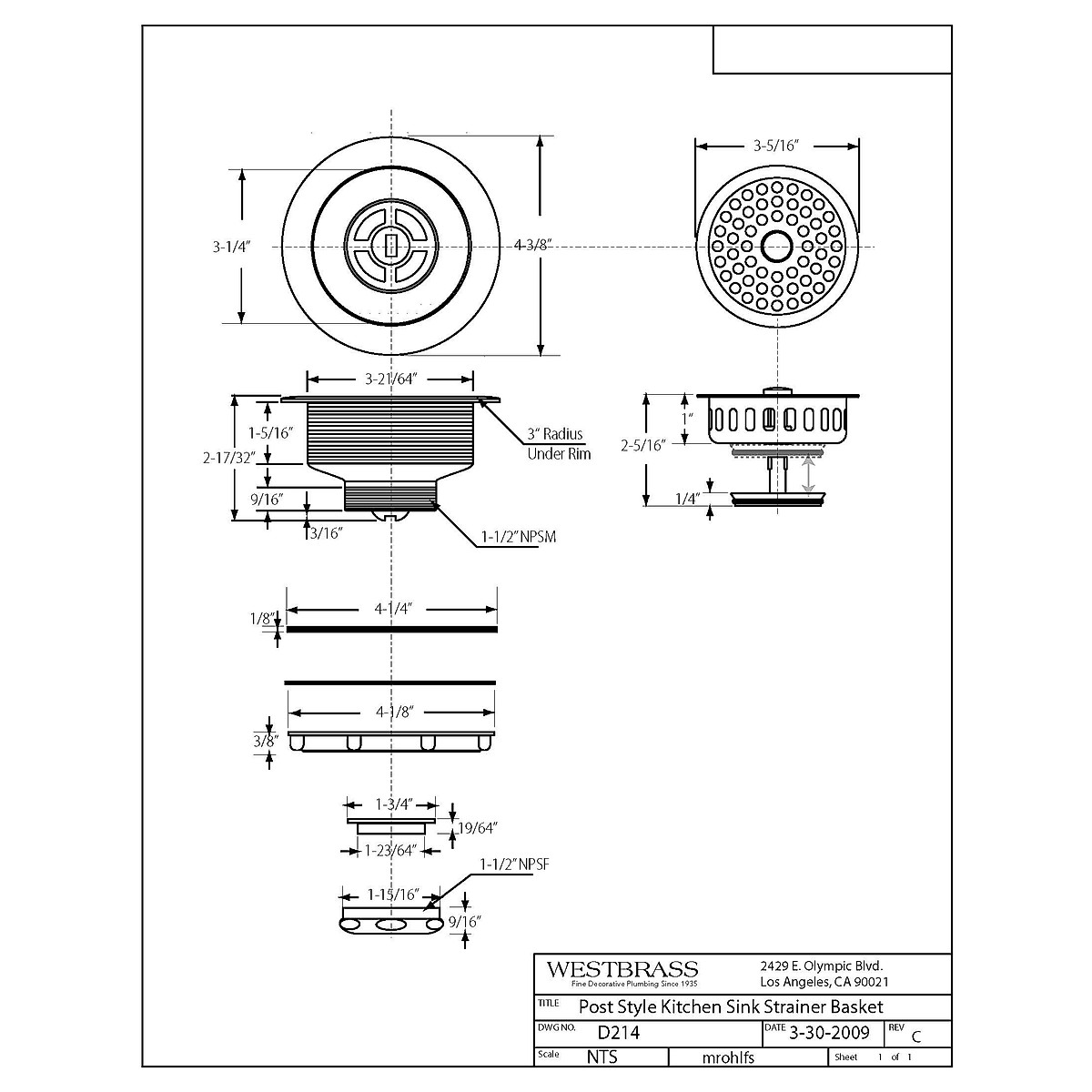 Westbrass A214-62 3-1/2" Post Style Large Kitchen Sink Basket Strainer, 1-Pack, Matte Black