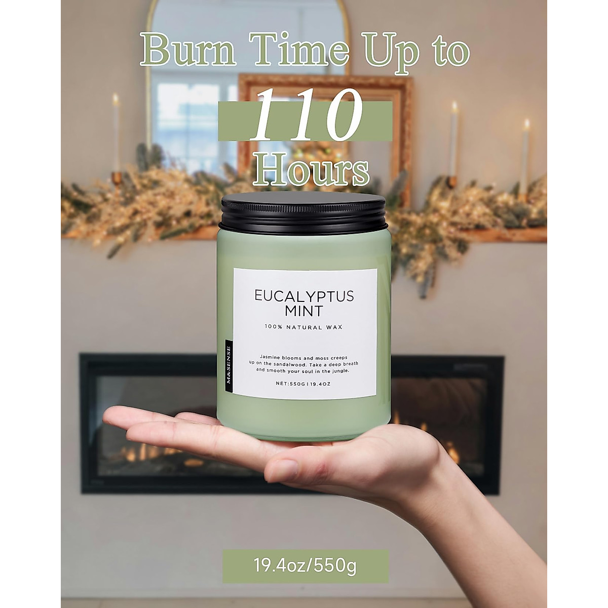 M&SENSE Eucalyptus & Mint Candles for Home Scented, 19.4oz 110 Hours Burn Soy Aromatherapy Candle Gift for Stress Relief, Meditation, Yoga, Relaxing SPA, Natural Jar Candles for Men and Women