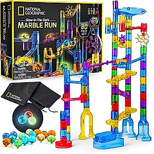 NATIONAL GEOGRAPHIC Glowing Marble Run – 80 Piece Construction Set with 15 Glow in the Dark Glass Marbles & Mesh Storage Bag, Educational STEM Toy, an AMAZON EXCLUSIVE Science Kit