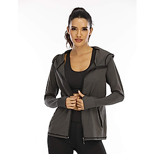 Koscacy Zip Up Hoodie Women,Lightweight Long Sleeve Full Zip Up Fitness Athletic Hoody High Elastic Ultra Soft Light Weight Sweater Sweatshirt Black Heather X-Large