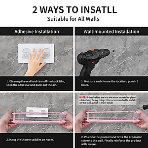 TONLEA Shower Caddy, Shower Organizer for Bathroom, 3-Pack Rustproof Stainless Steel Shower Shelves with Soap Dish and Hooks for Bathroom Storage, Adhesive or Drilling Kitchen Organization, Pink