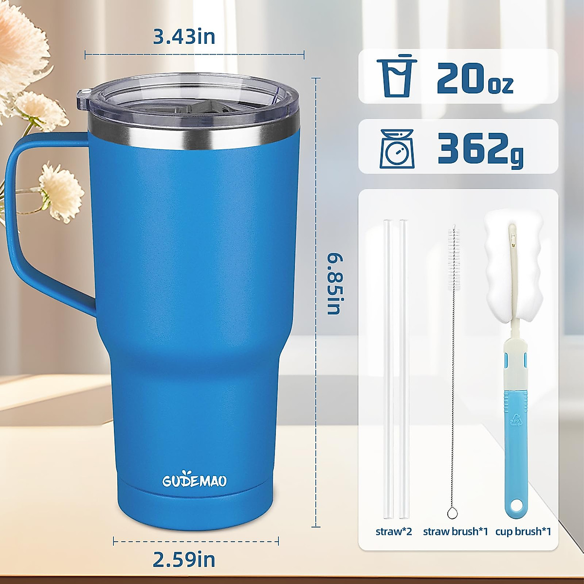 20 oz Insulated Coffee Mug with Ceramic Coating, Stainless Steel Travel Mug Tumbler with Handle Lid and Straw, Double Wall Leak-Proof Thermos Coffee Travel Mug Keeps Drink Hot and Cold (Blue)